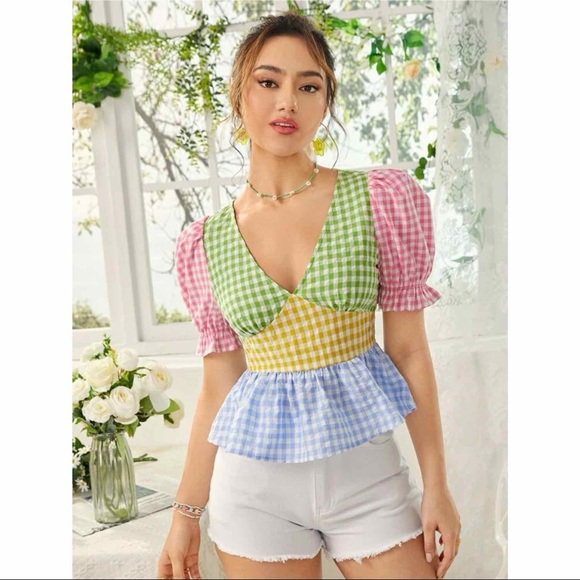 SHEIN | Tops | 325 Shein Gingham Puff Sleeve Peplum Top Nwt | Poshmark